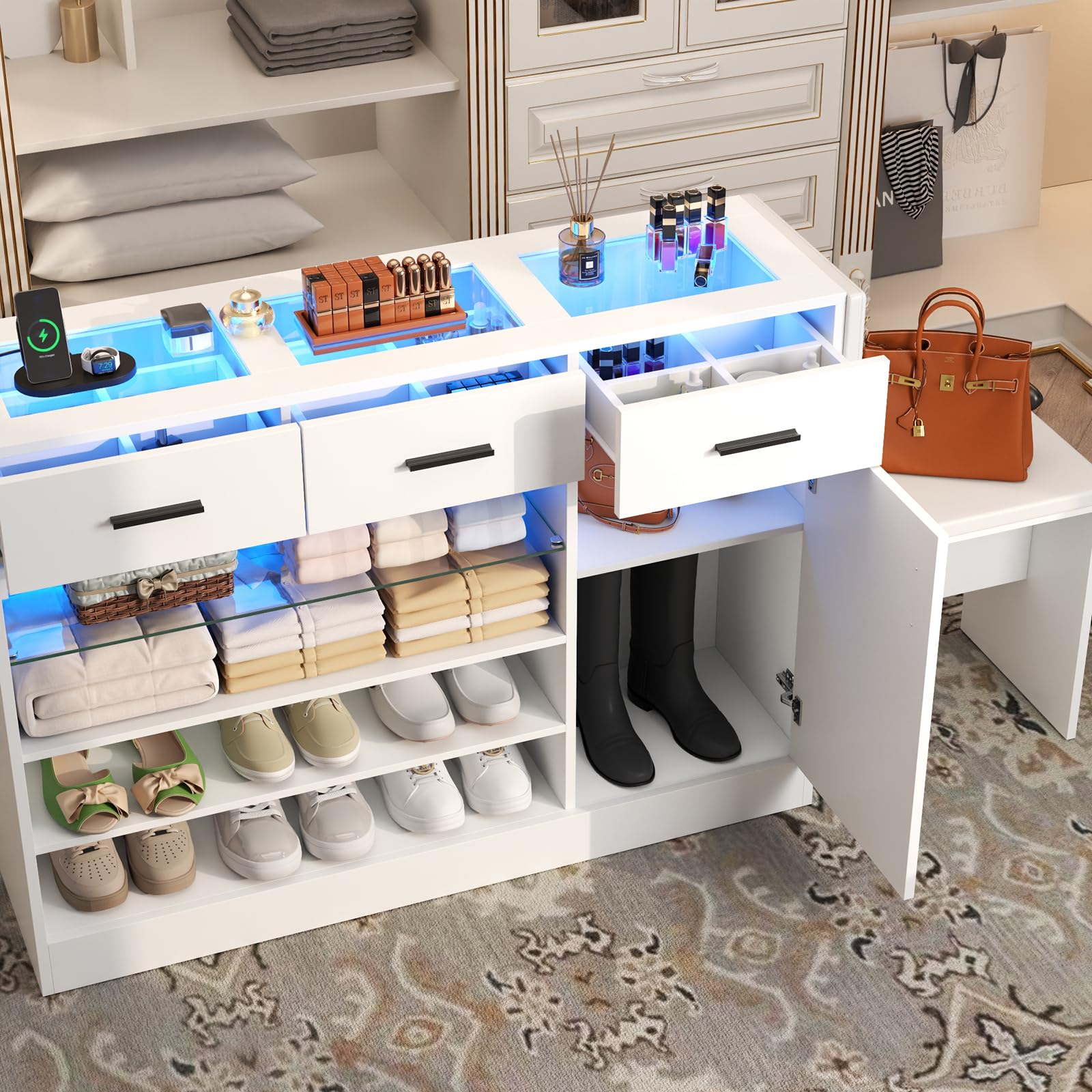 Wardrobe Armoire Closet with Charging & LED Light,Walk-in Closet Island Dresser with Glass Showcase,3 Drawers & Doors, Modern Storage Display Cabinet with Bench for Bedroom,Fitting Room & Shops(White)