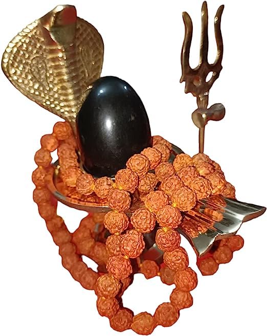 Shaligram Shiva Ling Lingam Shivling Naaga Brass Stand 4.7 Inches Approx Tirshul 4 inch Rudraksha mala 108 Beads 6mm