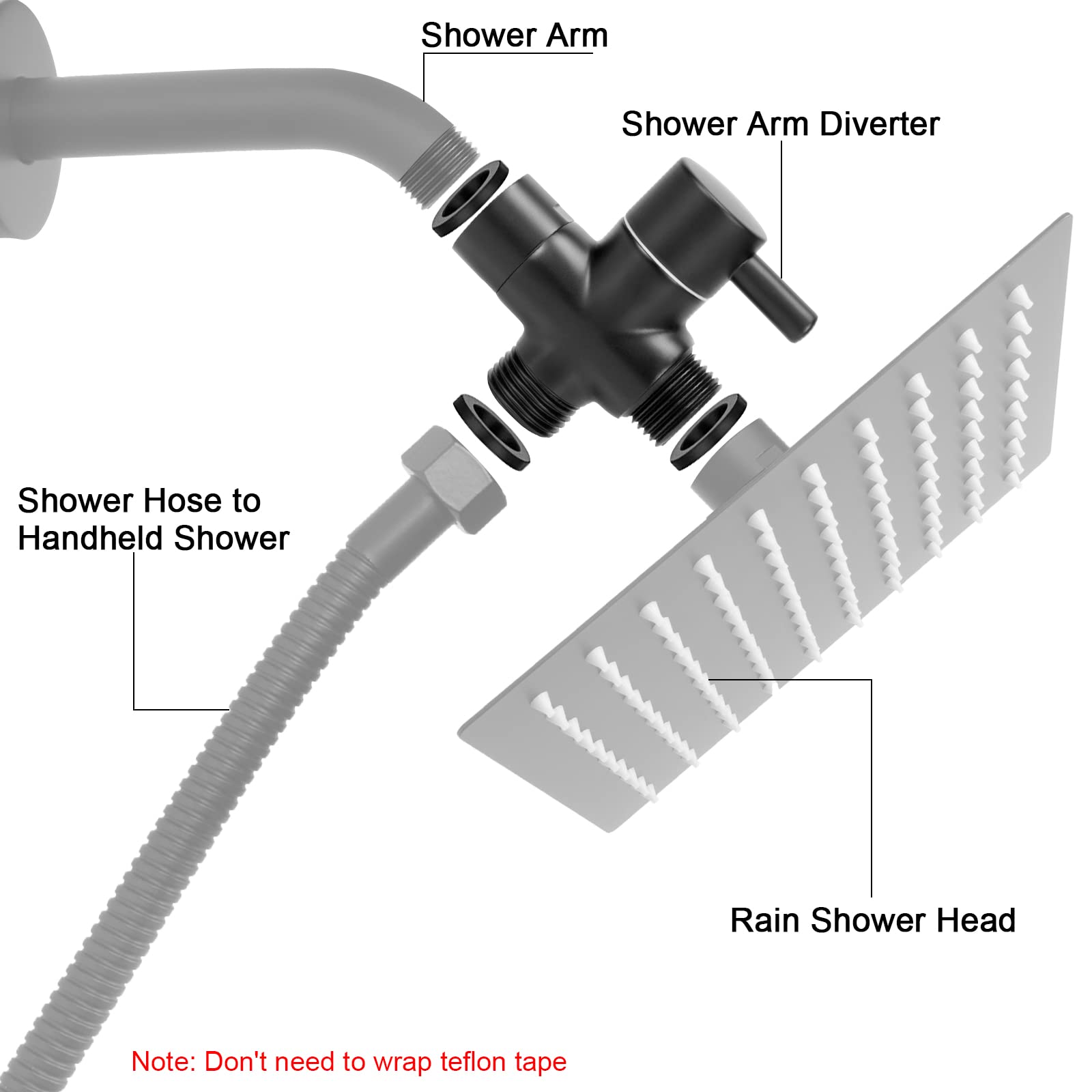 NearMoon Solid Brass G1/2" Shower Arm All Metal Universal 3-Way Diverter Valve for Hand Shower and Fixed Shower Head,Replacement Component Adapter (Matte Black)
