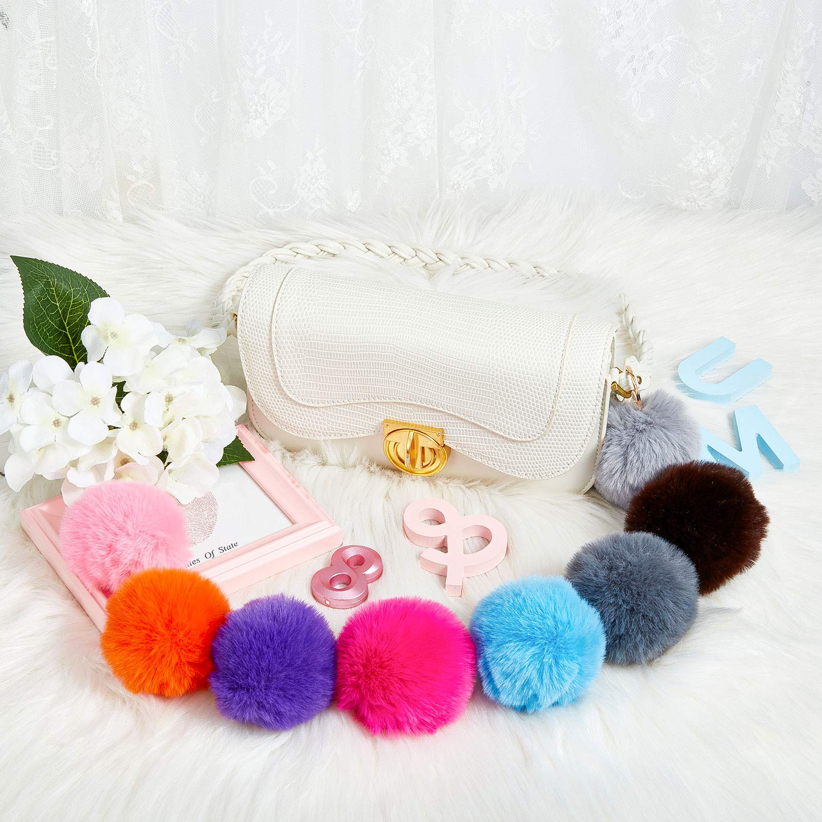 Hicarer 60 Pieces Colorful Poms Keychains Fluffy Ball Faux Fur Keyring for Women (3 Inch)