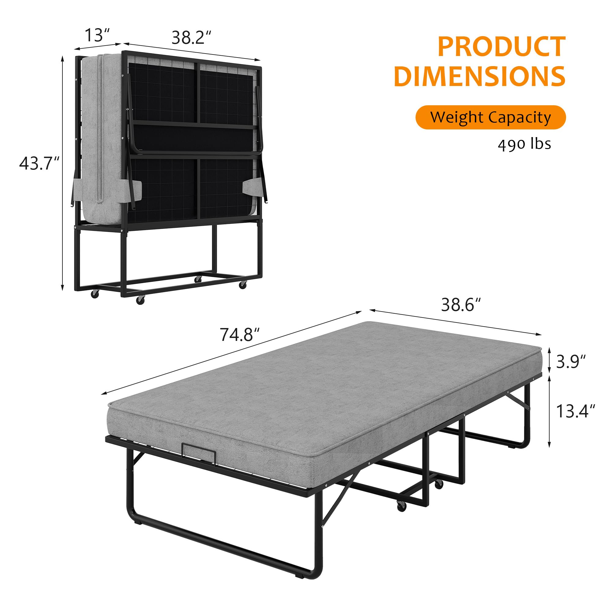 SKKTKT Folding Bed with Mattress, 75" x 39" Twin Size Bed Frame, Portable Foldable Roll Away Adult Bed for Guest, Platform Bed with Fold-up Metal Frame for Bedroom, Living Room, Dorm