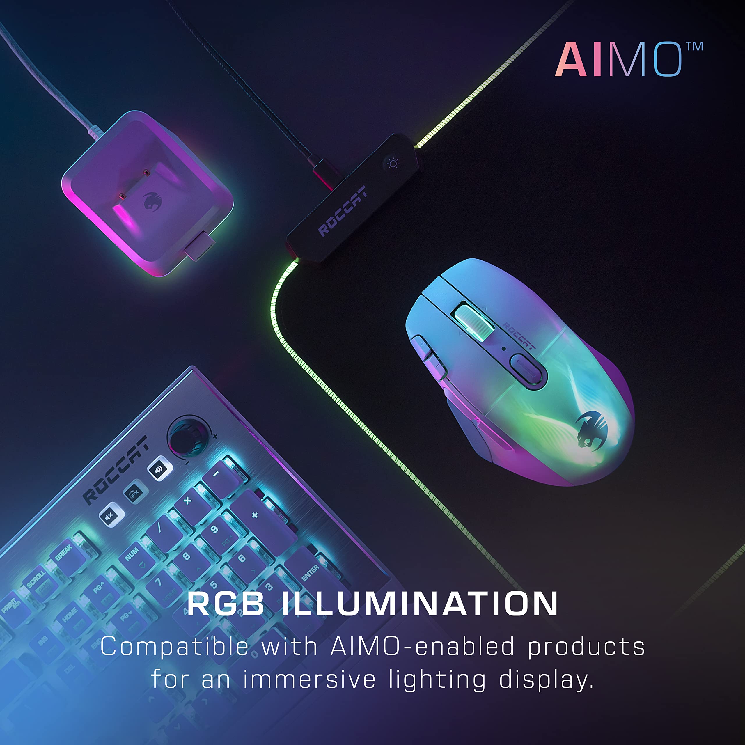 ROCCAT Kone XP Air – Wireless Customizable Ergonomic RGB Gaming Mouse & AIMO RGB Lighting, 4D Wheel – White & Vulcan 122 Mechanical PC Tactile Gaming Keyboard, Titan Switch, White/Silver