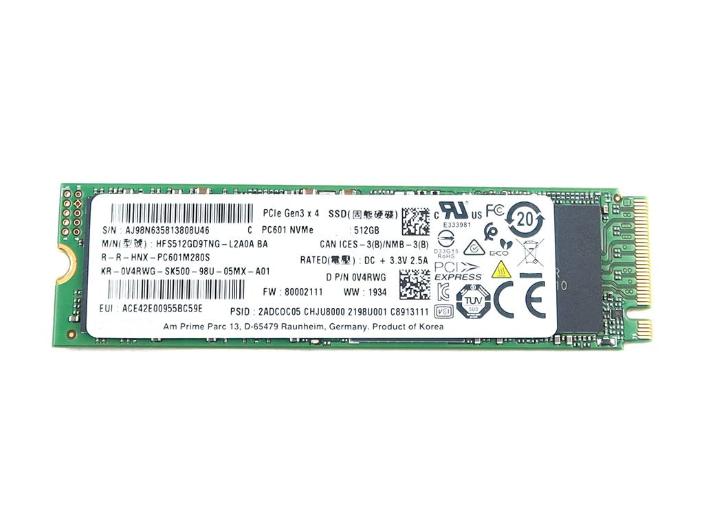 Solid State Drive V4RWG 0V4RWG KR-0V4RWG Compatible Replacement Spare Part for Dell SK Hynix PC601 HFS512GD9TNG 512GB PCI Express 3.0 x4 TLC NVMe M.2 2280 Internal SSD
