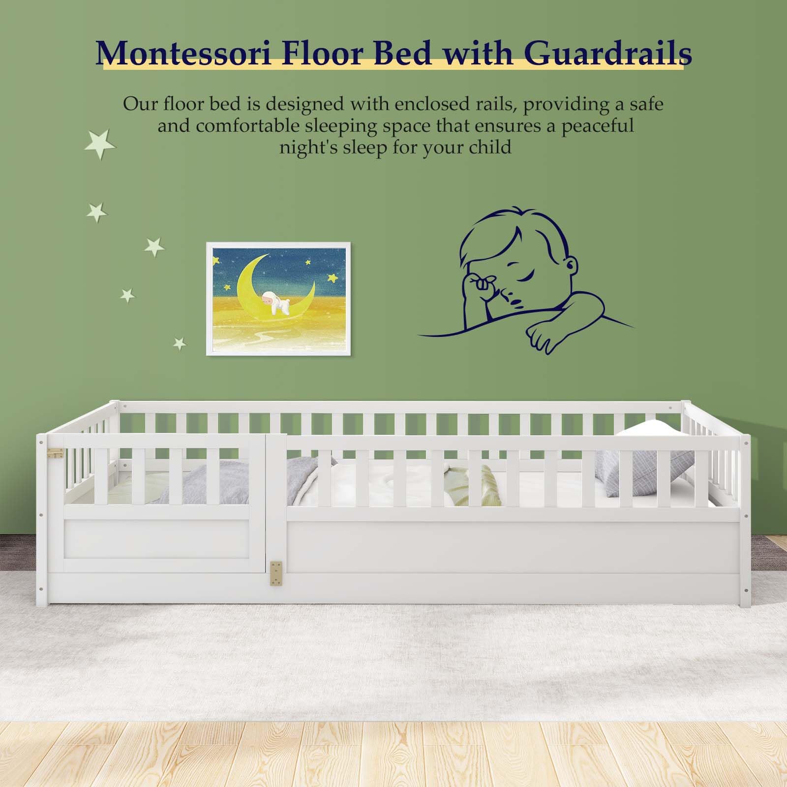 Tatub Twin Floor Bed with Elevated Safety Guardrails and Door, Montessori Floor Bed for Kids, Wood Kids Floor Beds Frame, Twin-White