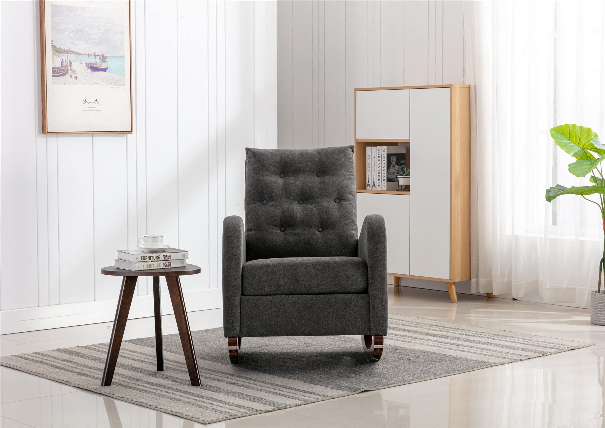 Rocking Chair Modern,Upholstered Glider Rocker Chair for Nursery,Comfy Armchair with Side Pocket for Living Room (Dark Grey)