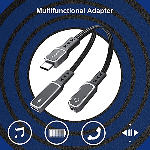 Xumee USB C to 3.5mm Audio Adapter and Charger, 2-in-1 USB-C Splitter Aux and Charging, Type C Headphones Jack Dongle Compatible with iPhone 15/15 Pro Max, Galaxy S23 S22 S21 S20 S20+ (Grey)