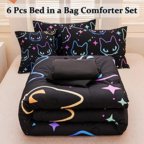 Tasselily Cute Cat Twin Comforter Set for Boys Girls, Soft Warm Lightweight 6 Piece Bed in A Bag Teen Kids Bedding Sets with Sheets