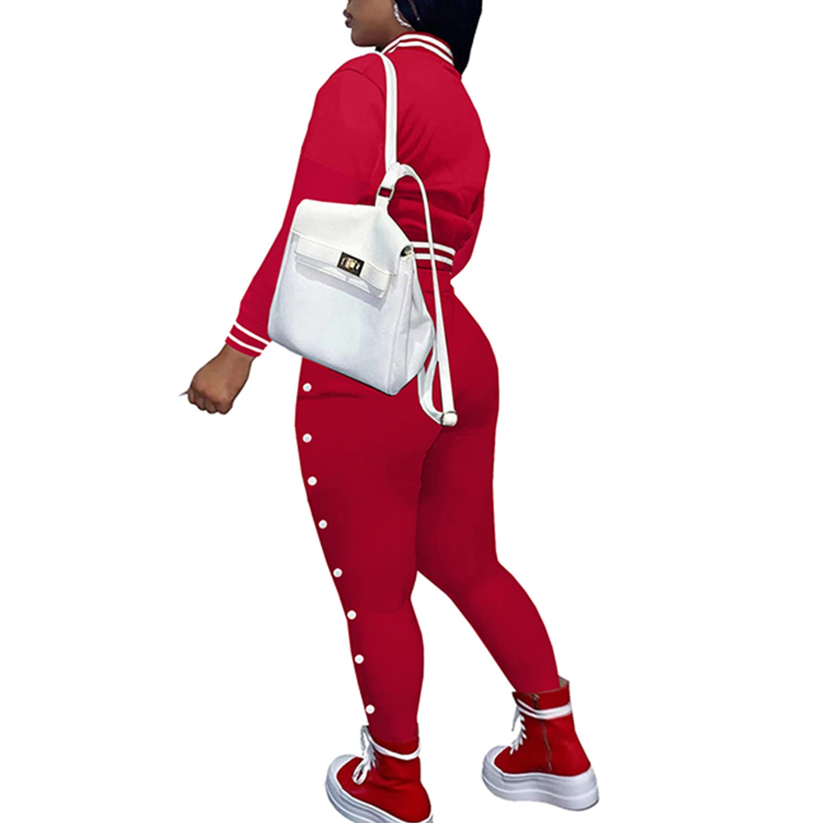 kaimimei Women Casual Varsity Jacket Sweatsuit Solid Color Button Down Jackets Pants 2 Pieces Tracksuit