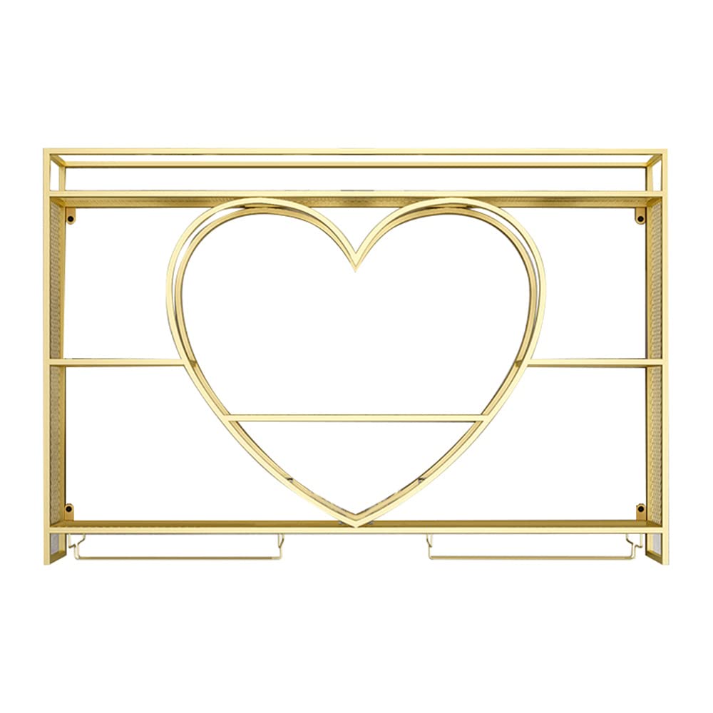 LITFAD Modern Wall Mounted Wine Rack Metal Wine Bottle & Glass Rack Iron Display Stand Wine Holder with Shelves - 1 Piece Gold Heart Shape
