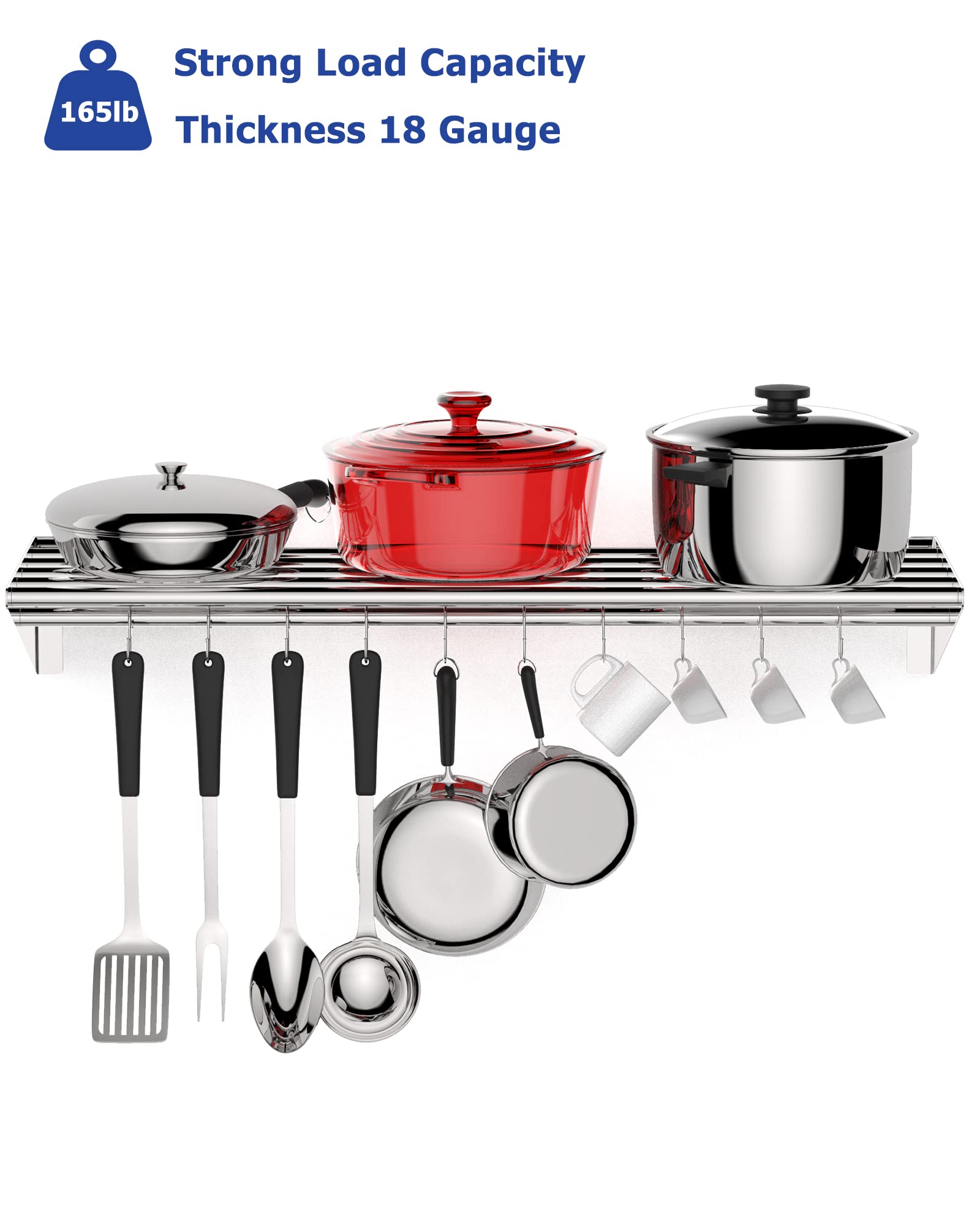 Urparcel Stainless Steel Wall Rack with Ten Hooks 12 x 36 Inch,210 lbs Load,NSF Certified,Kitchen Rack Steel Wall Mount Shelves for Kitchens,Commercial Restaurants,Laundries,Bars