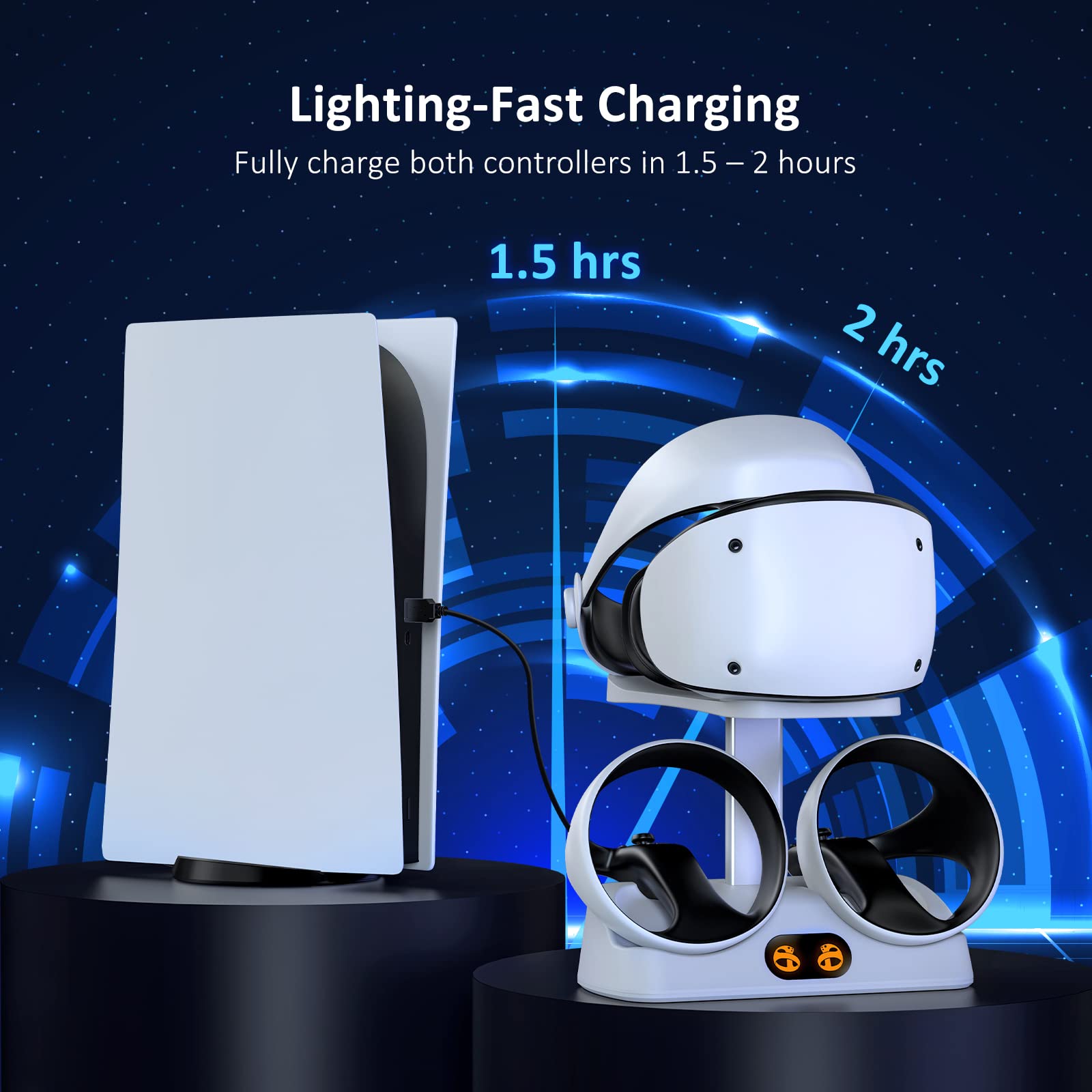 NexiGo Controller Charging Station for PSVR2, Dual Fast Charger Dock with LED Light, Headset Display Stand and Controller Mount, Magnetic Connector, USB to Type-C Cable, White