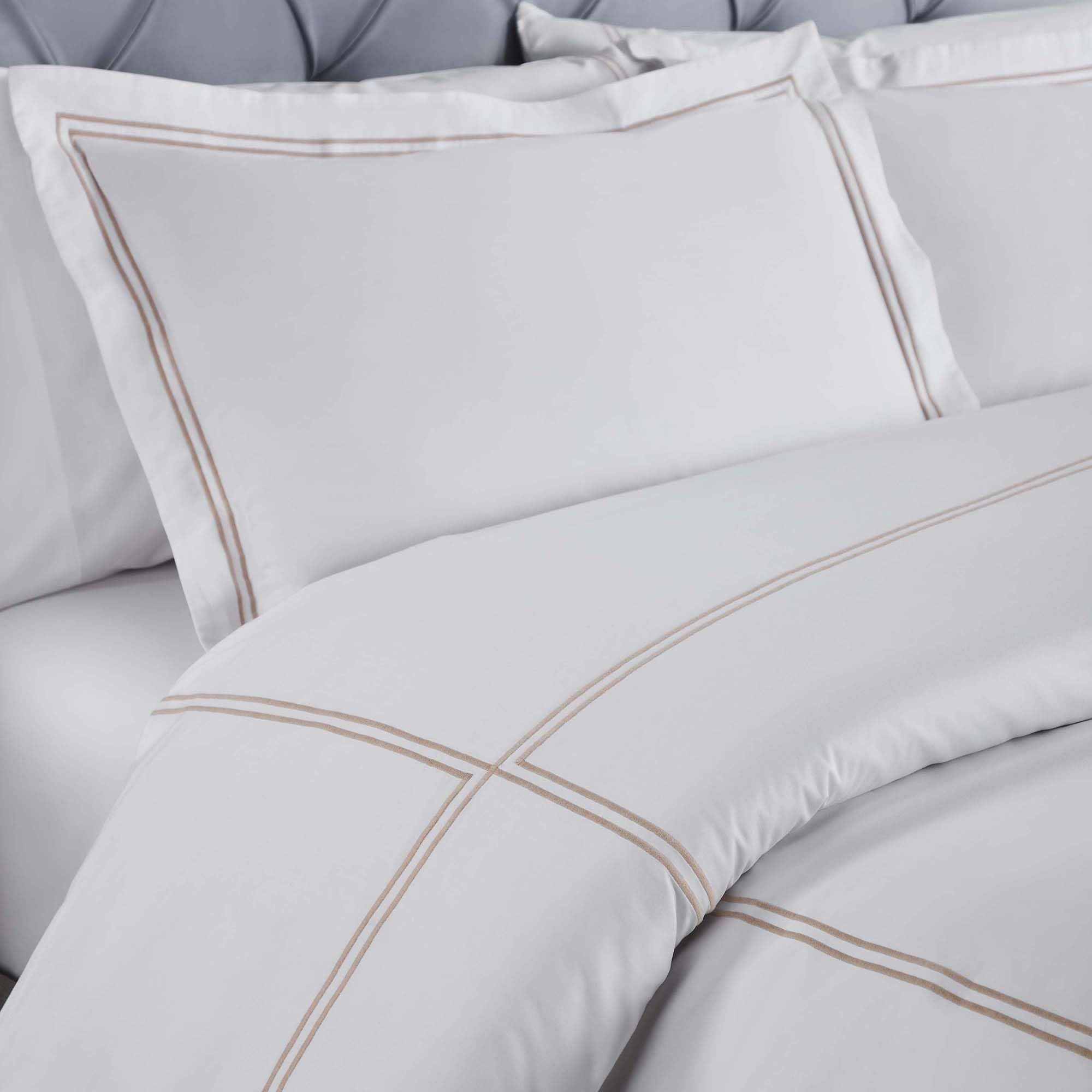 SUPERIOR Embroidered Cotton Duvet Cover Set, Soft Bedding Covers, 1 Duvet Cover with Button Closure, 2 Pillow Shams, Two-Line Design, Spring Blooms Collection, King/California King, White-Taupe
