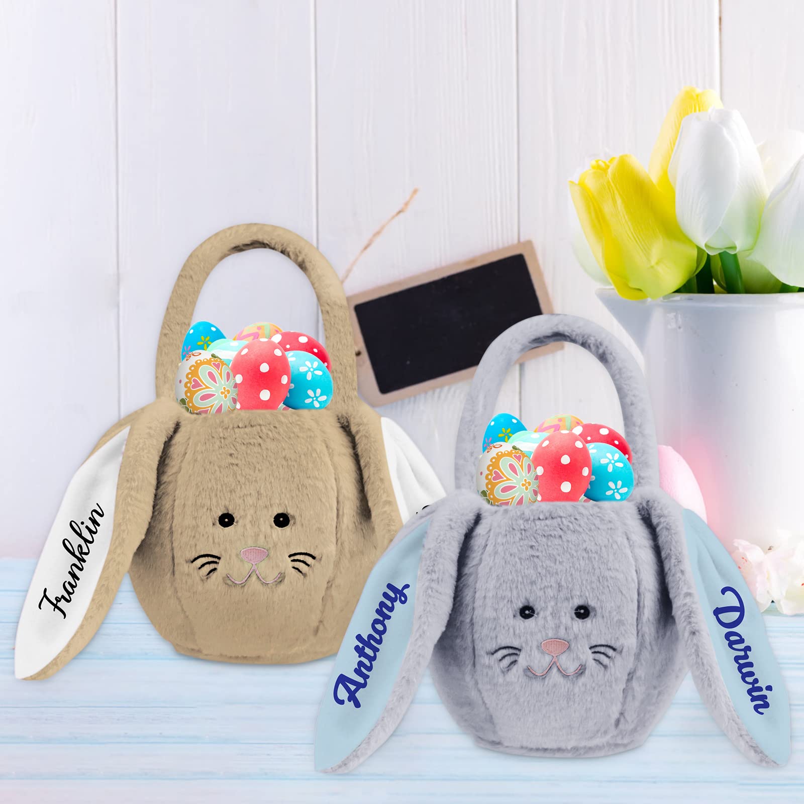 Personalized Easter Buckets with Name Custom Plush Buny Easter Basket with Handle Long Ears, Customized Egg Hunting Bags Easter Gift for Boys Girls, Easter Tote Bag for Candy(Brown)