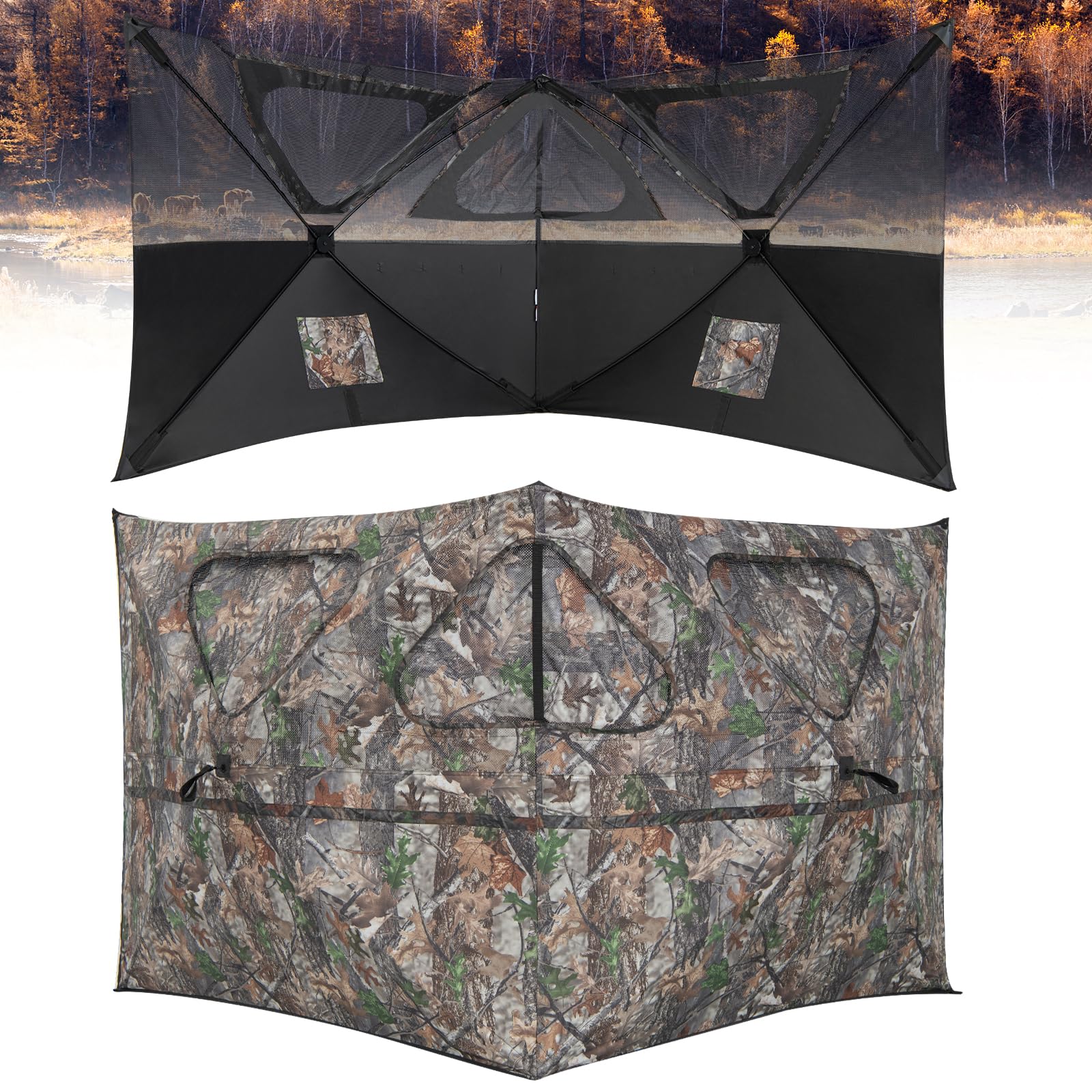 HAPPYGRILL Hunting Blind 2-Panel Pop Up Ground Hunting Blind with 3 Shoot Through Ports, Camo Concealment, Brush-in Loops, High Wind Stability, Easy-Setup Hunting Fence for Deer Turkey