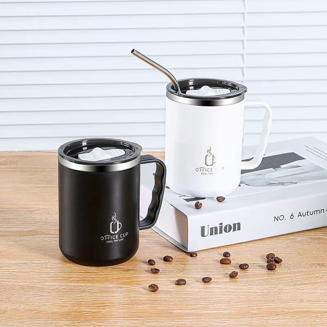 Lcxecnw Coffee Cup Mug with Handle,16 oz Stainless Steel Mugs,Double Wall Vacuum Travel Mug,Tumbler Mugs with Straw and Sliding Lid,Hot & Cold Drinks for Home Office (Black)