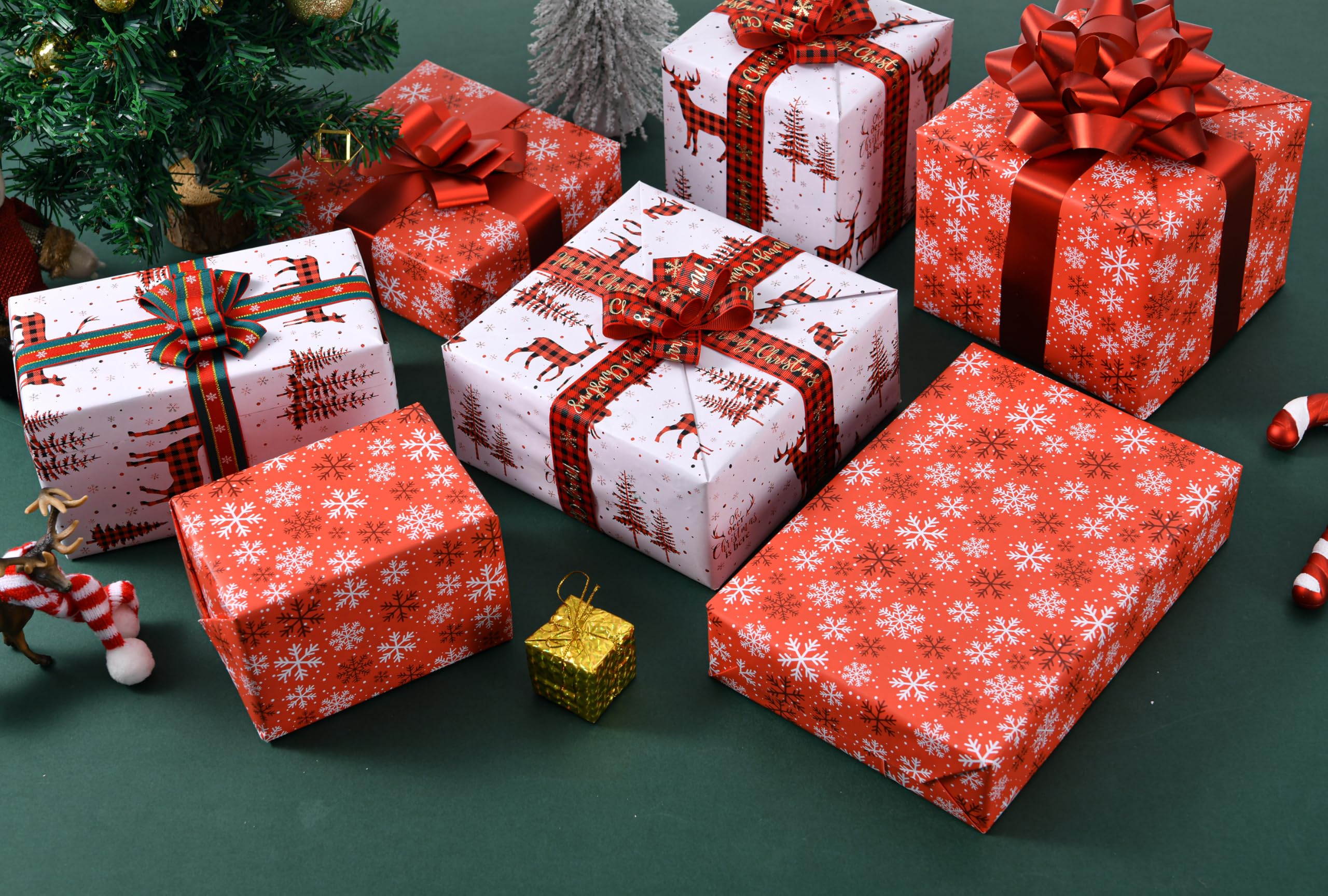 Sikiweiter Christmas Wrapping Paper Rolls -Mini Roll 17 Inch X 33 Feet - Reversible Red Christmas Wrapping Paper, Plaid Reindeer and Snowflake Design Christmas Wrapping Paper(Christmas)