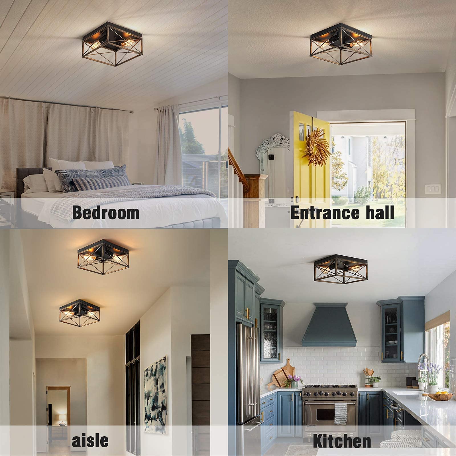 KDG Flush Mount Industrial Ceiling Light ,Adjustable,with Square Metal Cage Shade Ceiling Lighting for Entry Hallway Bedroom Bathroom.2 Lights,Faux Wood Finish