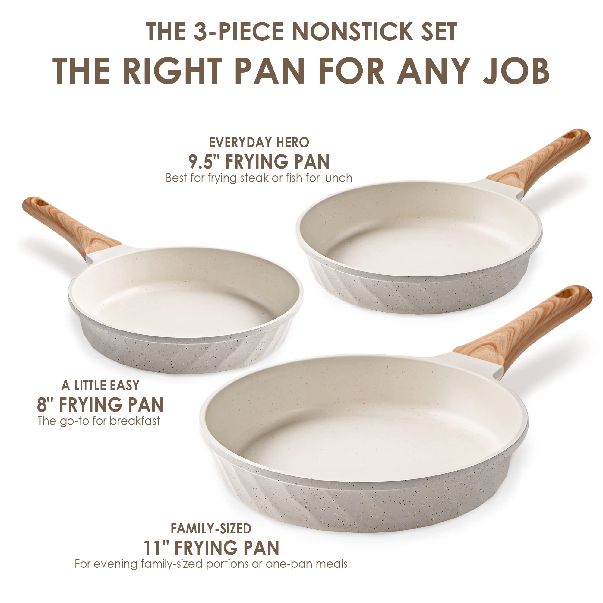 YIIFEEO Non-stick Frying Pans - Beige Nonstick Frying Pan Set Egg Omelette Pans for Cooking Set, Healthy Granite Skillet Set Kitchen Induction Cookware Chef's Pan Christmas Gift, 8", 9.5" &11"