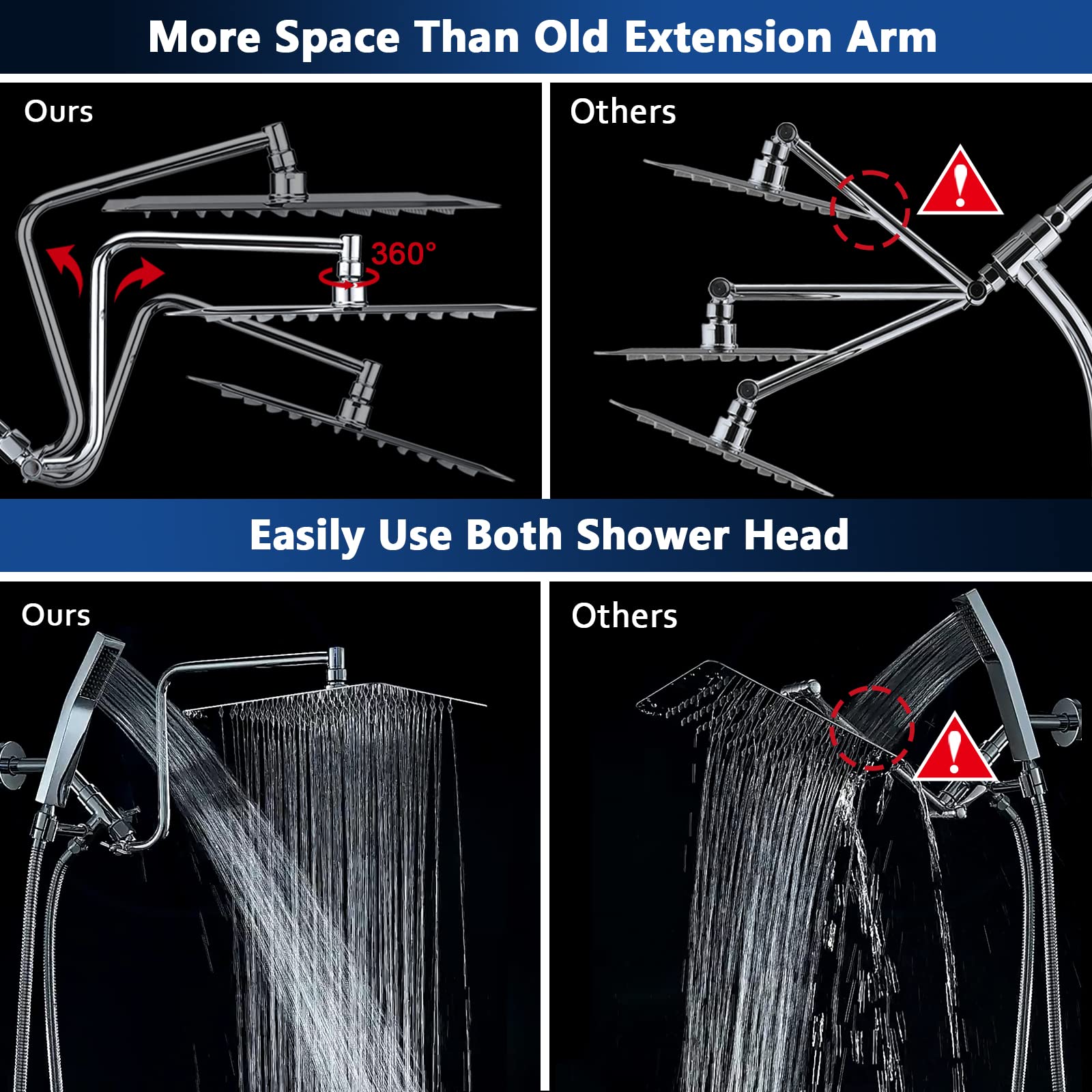 PDPBath All Metal Shower head with Handheld Combo, High Pressure 10" Rainfall Shower Head with Upgrade Adjustable Extension Arm, Shower Wand with 70" Extra Long Shower Hose, 3-Way Diverter-Chrome