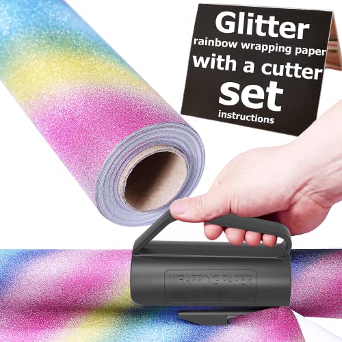 THMORT Glitter Gradient Rainbow Wrapping Paper Roll with a Cutter Kit for Girls&Boys,Babie Kids Adults,17 Inch X 33 Feet Gold Glitter Princess Pink Birthday Gift Wrapping Paper Roll for Baby Shower.