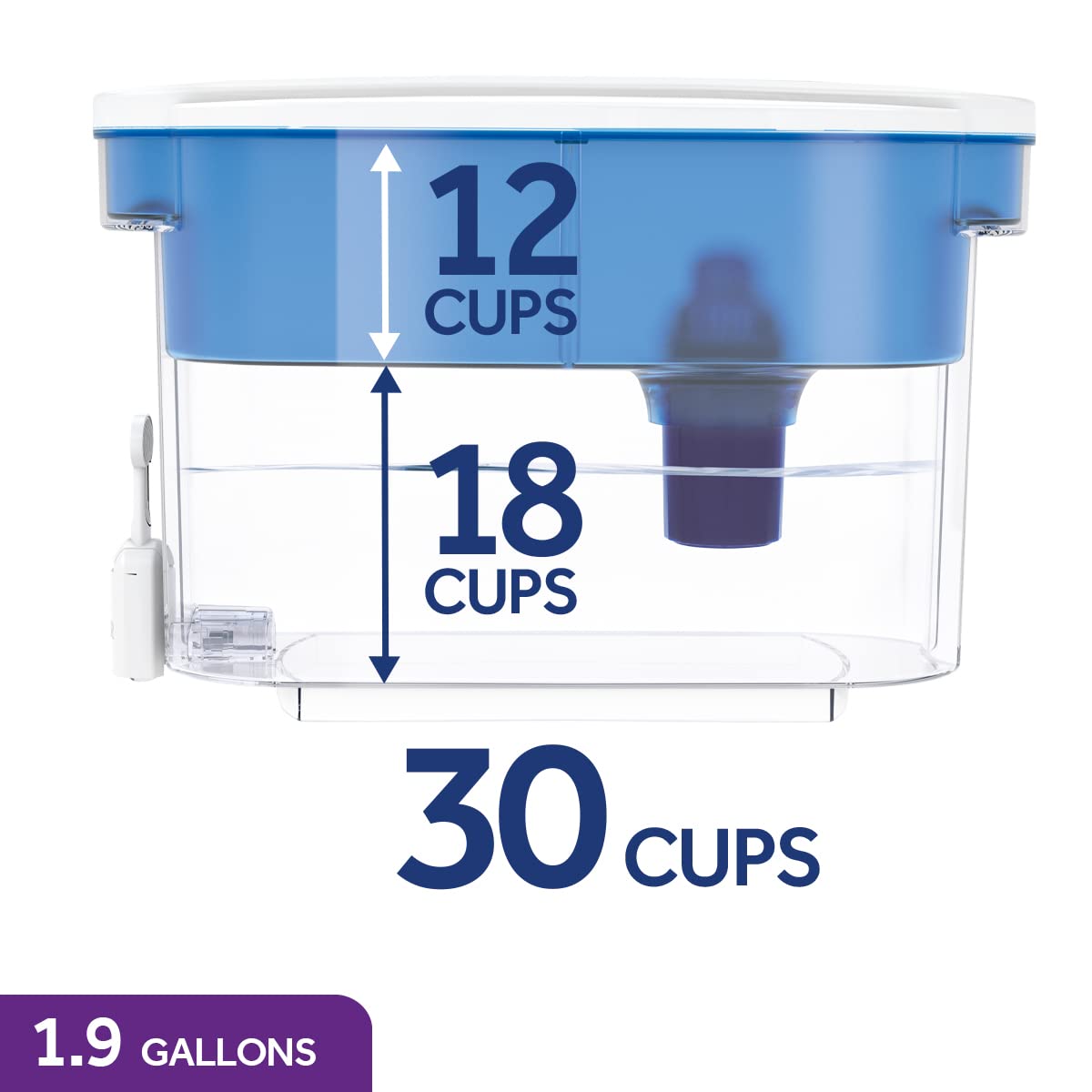 PUR 30-Cup Water Filter Dispenser with 1 Genuine PUR Filter, Large 30-Cup Capacity, 2-in-1 Powerful Filtration, BPA Free, Dishwasher Safe, White/Blue (DS1800Z)