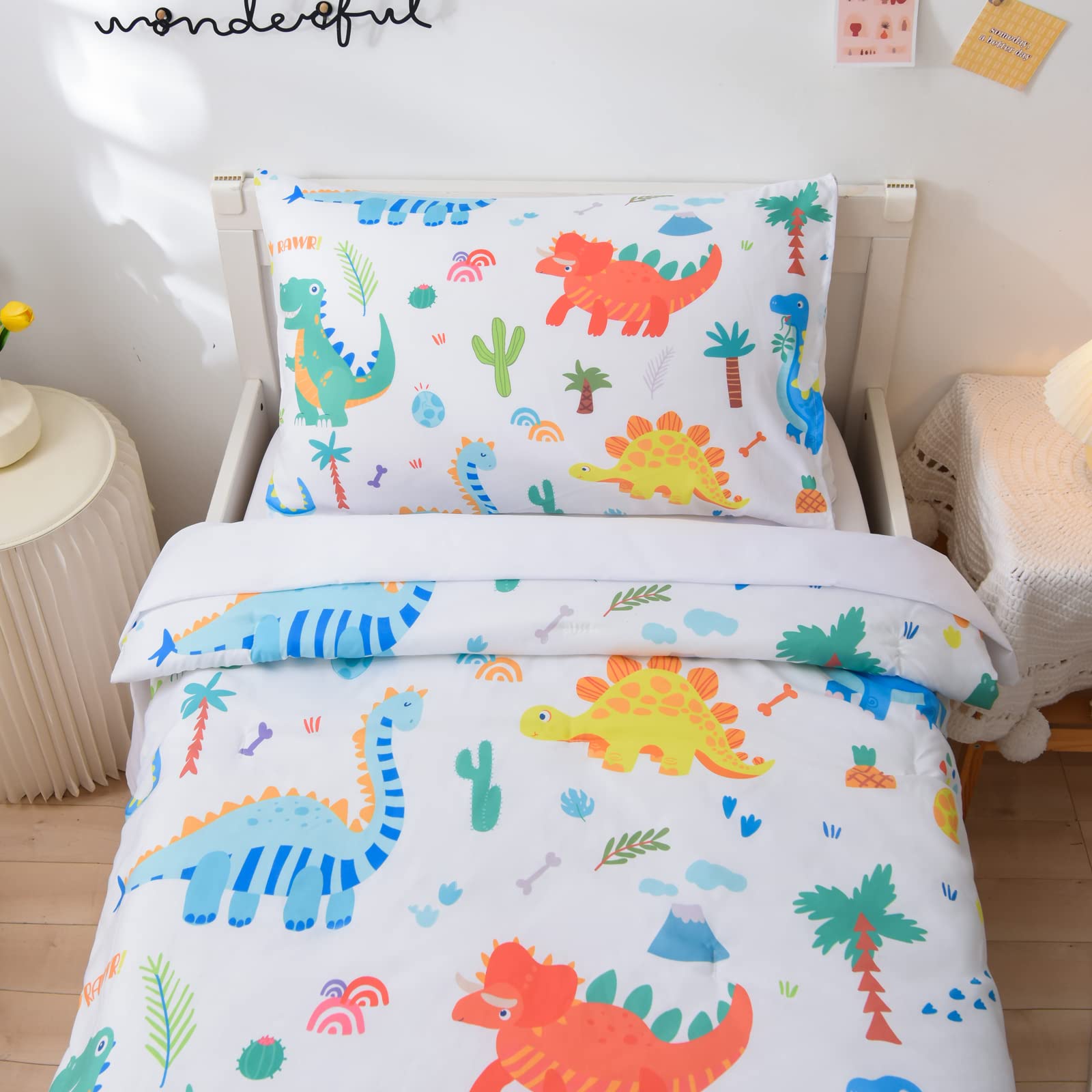 PHANTASIM Dinosaur Theme Print Toddler Bedding Set-Kids Bedding Set 4 Piece Toddler Bed Sheet Set - Standard Size Includes Comforter, Flat Sheet, Fitted Sheet and Pillowcase for Girls and Boys