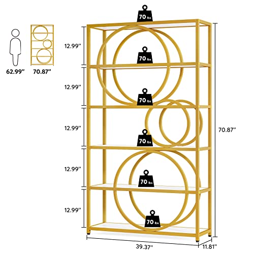 Tribesigns 5-Tier Bookshelf, 71" H Gold Book Shelf Large Bookcases and Bookshelves with Chic Circular Design, Tall Open Display Shelf Storage Rack for Home Office Living Room, Bedroom, White&Gold
