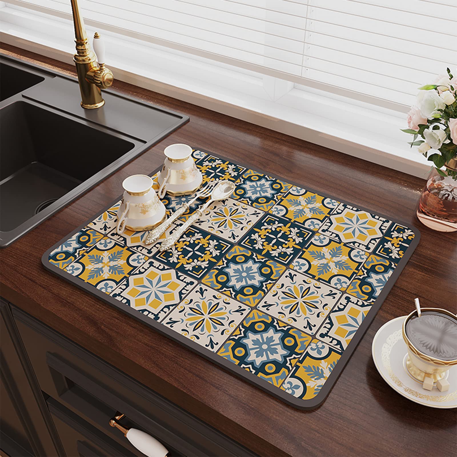 NeuWee Dish Drying Mat for Kitchen Counter, Super Absorbent, Heat Resistant, Non-Slip Dish Drying Pad, Hide Stain Coffee Mat, Table Mat Under Appliance, Ethnic Style, Yellow Blue Print, 16 x 20 Inch