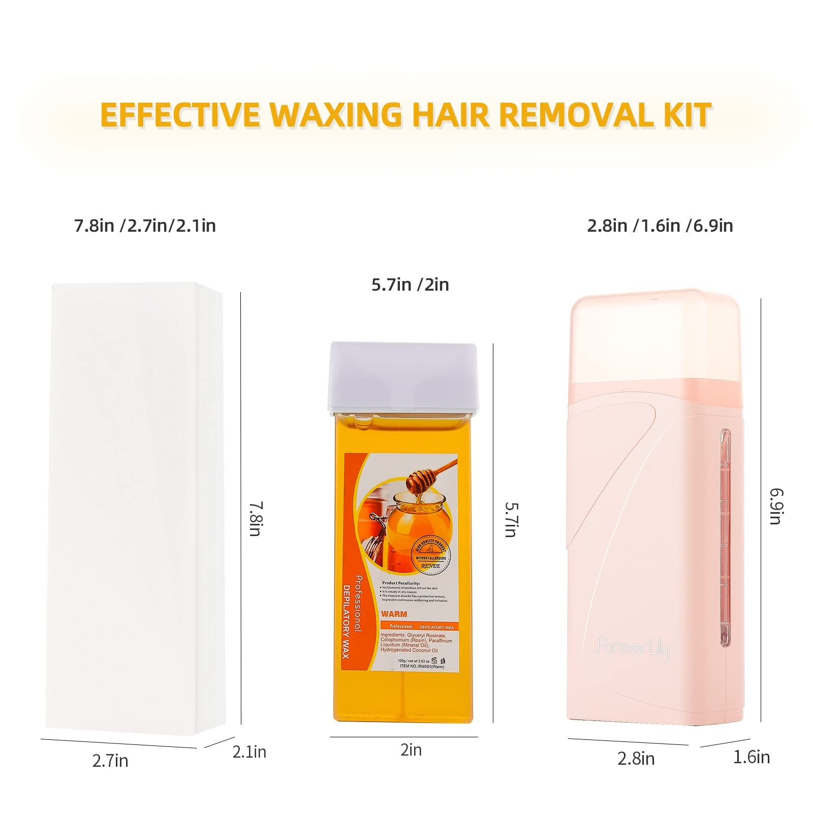 Roll on Wax Kit for Hair Removal, Wax Roller Kit with Wax Warmer Machine/Honey Roller Wax Cartridge/100Pcs Wax Strips, Roll on Wax Warmer kit Men Women, foreverLily
