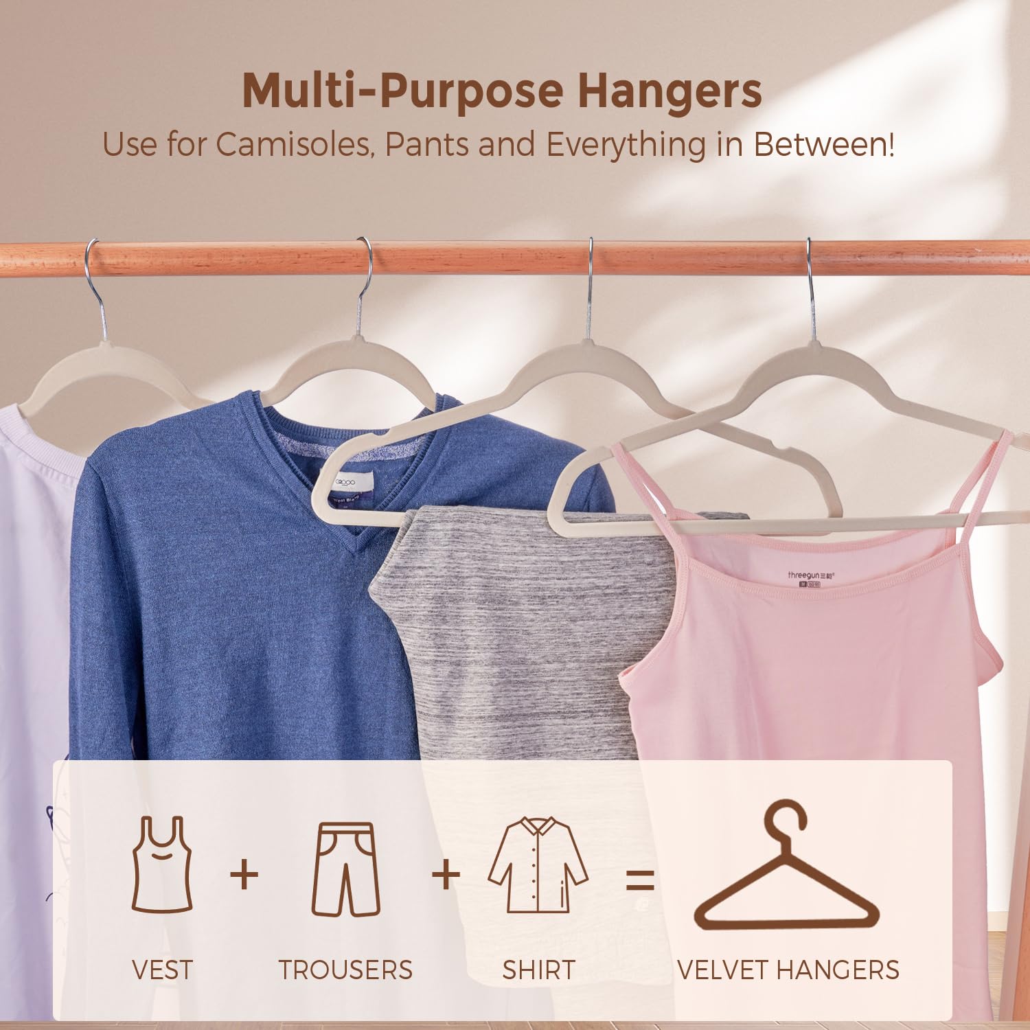 Tonswachic Velvet Hangers 50 Pack + Cascading Hangers 5Pack Space Saving for Closet - Heavy Duty Ivory Hangers for Coats - Non Slip Clothes Hanger Set - Felt Hangers for Clothing