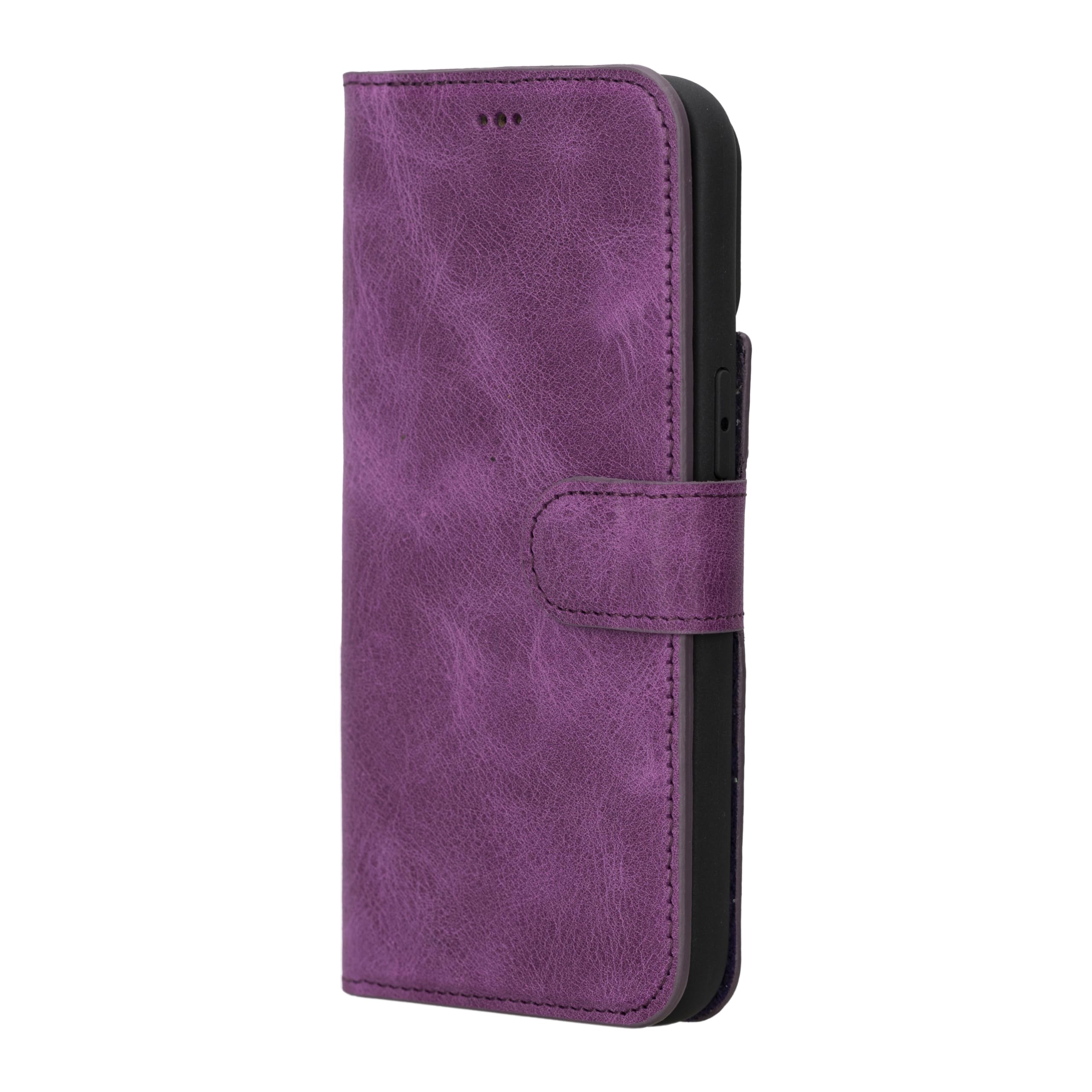 HARDISTON Genuine Leather Handmade Wallet Case Compatible with iPhone 15 Pro Max - MagSafe Compatible - Detachable Magnetic Flip Cover with Card Holders - Horizontal Kickstand (Purple)