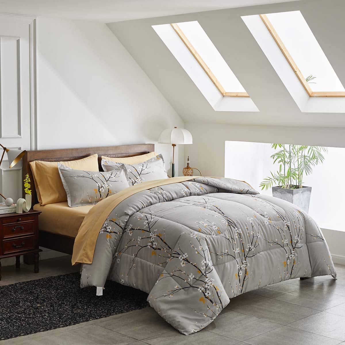 Gray Comforter Sheet Set Bed in a Bag 7 Pieces King Size Tree Branch Bloom Flower Spring Summer Bedding Set (1 Comforter 2 Pillow Shams 1 Tan Flat Sheet 1 Fitted Sheet 2 Pillowcases)