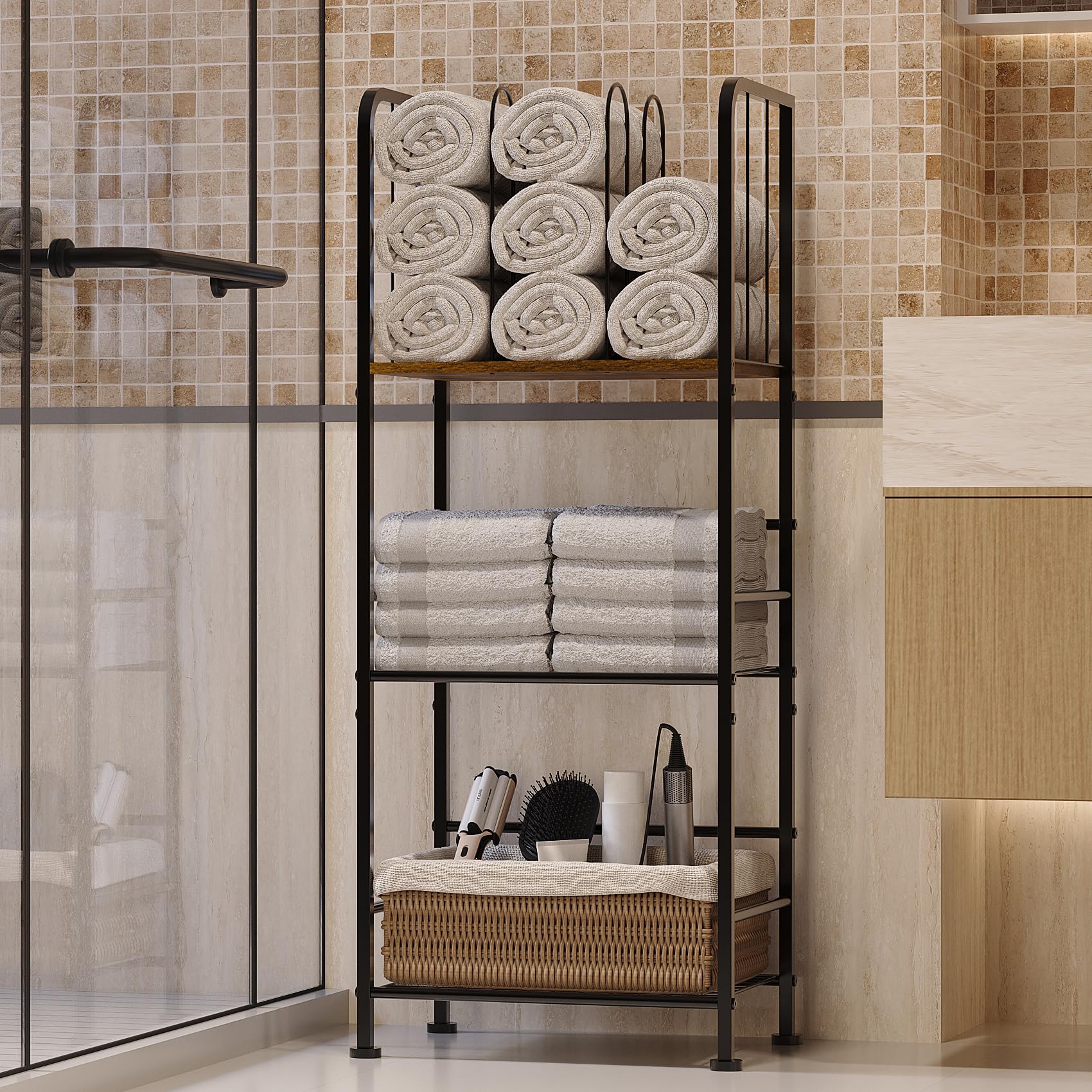 Towel Rack Free Standing 3-Tier M-Shaped Detachable Dividers, Durable Metal Towel Holder for Bathroom, Pool Towel Rack, Space-Saving Towel Storage Organizer, Modern Bath Towel Shelf for Home, Poolside