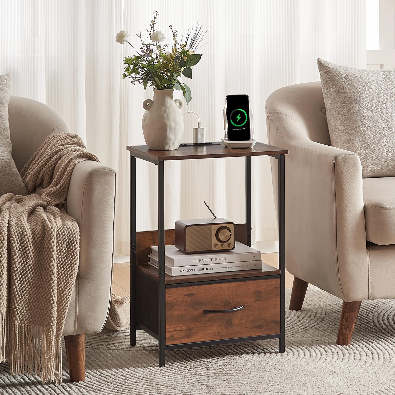 Somdot Night Stand with Charging Station and LED Light for Bedroom, Bedside Table End Table for Dorm Bedside Laundry Closet Entryway Hallway, Wood Grain Print