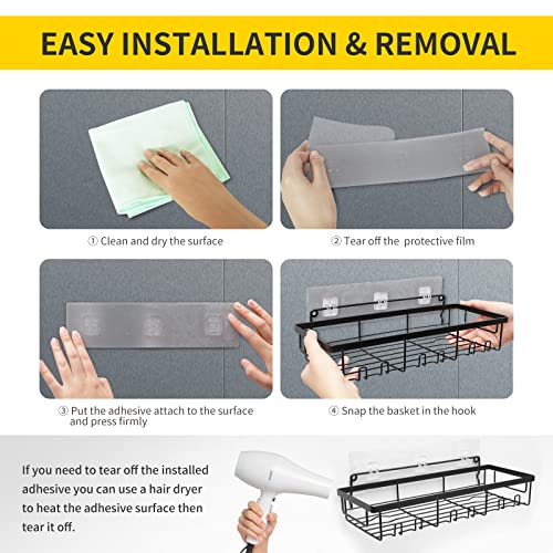 Shower Caddy Basket Shelf with Hooks, 2 Pack, No Drilling Traceless Adhesive Storage Organizer With Soap Dish Holder, 304 Stainless Steel, Wall Mounted Storage Shelf for Bathroom, Kitchen, Black