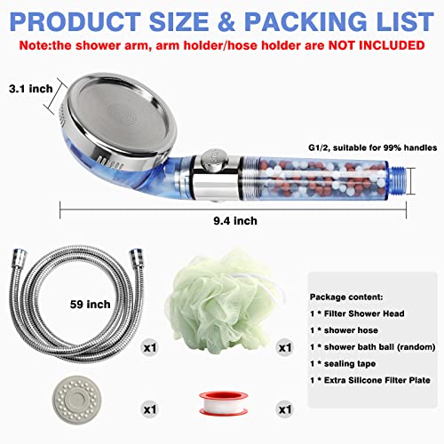 Shower Head with Hose, HBESTIE Filtration Hand Shower, Jetting Filter Shower Sprayer, High Pressure 3 Modes, Purifying Filtration Mineral Stone Beads, Water Saving Handheld Supercharged Showerhead