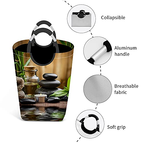 Wondertify Zen Laundry Hamper Basalt Stones Spa Oil Wood Green Bamboo Black Pebble Clothes Basket With Easy Carry Handles For Clothes Organizer Toys Storage