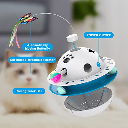 Tyasoleil 3 in 1 Smart Cat Toys, Interactive Cat Roly Poly Toy, Electric Indoor Kitten Toys, Fluttering Butterfly,Random Whack-A-Mole Mice, Dual Power Supplies, Auto On/Off(Blue)