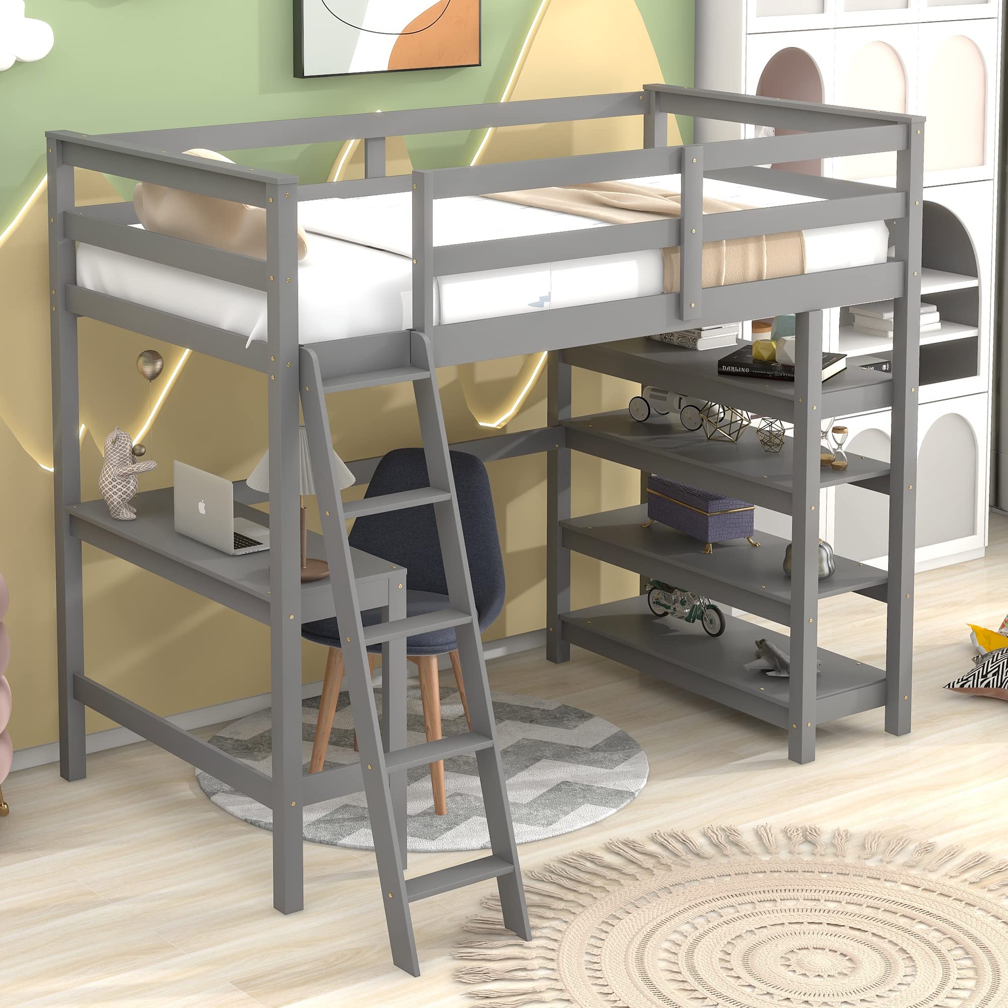 UOCFYK Twin Size Loft Bed with Desk,Solid Wood Loft Bed Frame w/Storage Shelves & Ladder for Kids Teens Bedroom,No Box Spring Needed,Super Save Space, Grey