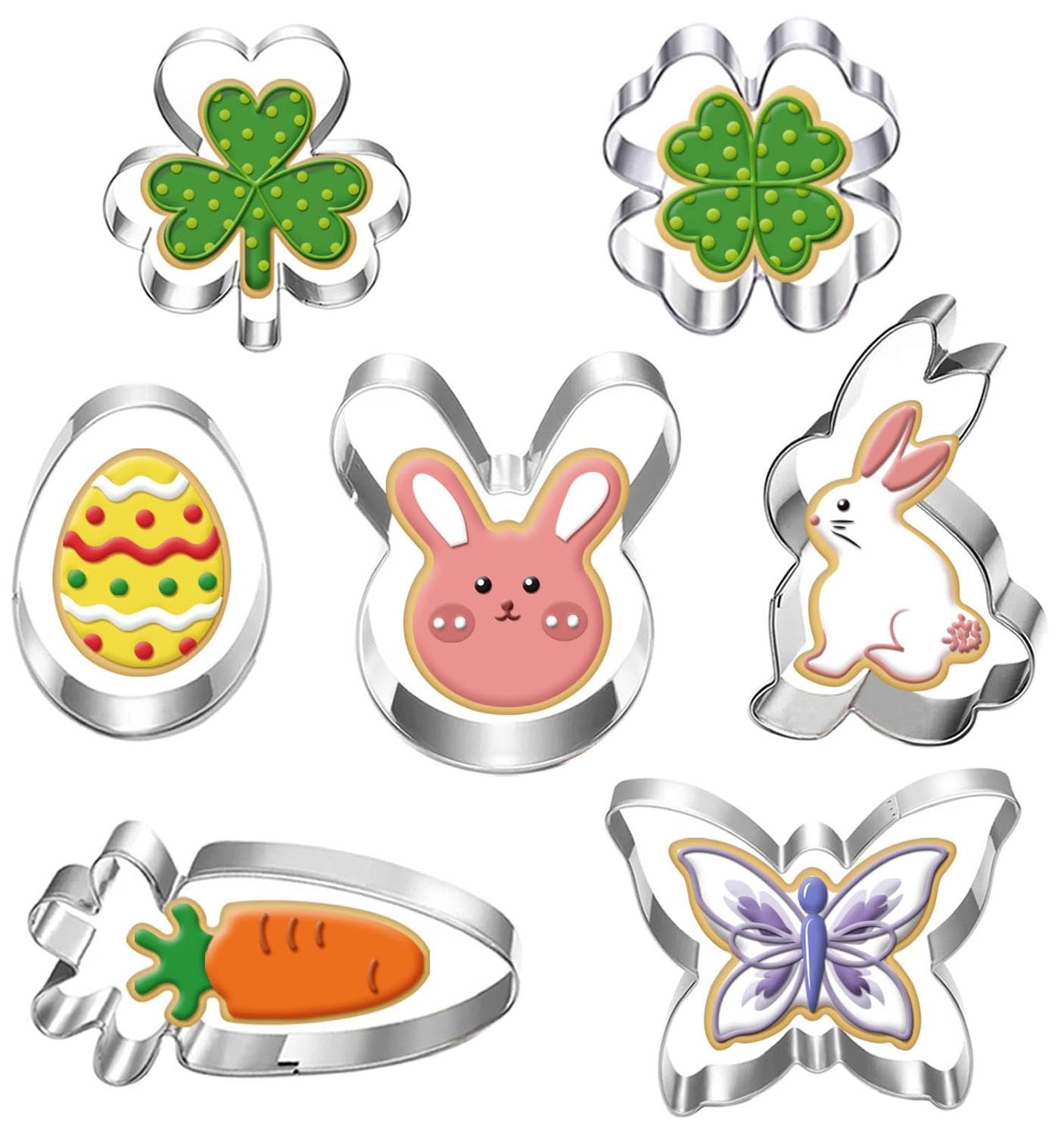 LUBTOSMN Shamrock Easter Cookie Cutter Set-3 Inches-7 Piece-Shamrock, Egg, Bunny, Carrot, Flower, Butterfly, Bunny Face, Easter Cutter Fondant Molds for Kids Holiday Celebration.