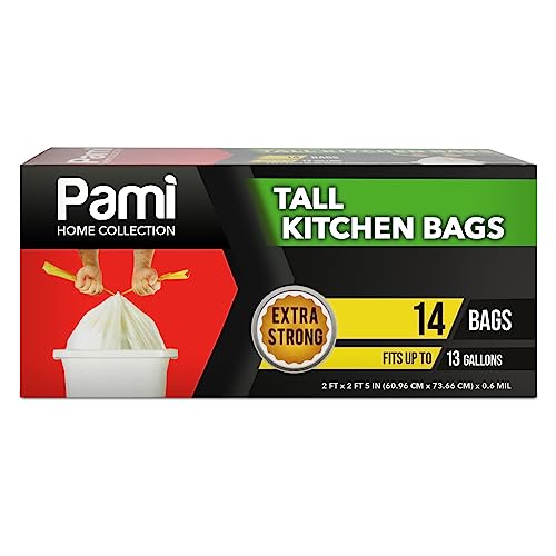 PAMI Tall 13-Gallon Kitchen Drawstring Trash Bags [14-Pack, White] - Extra-Strong Plastic Garbage Bags- Thick Trash Can Liners For Kitchen, Bathroom & Outdoor Bins- 2ft x2ft Unscented Trash Bags