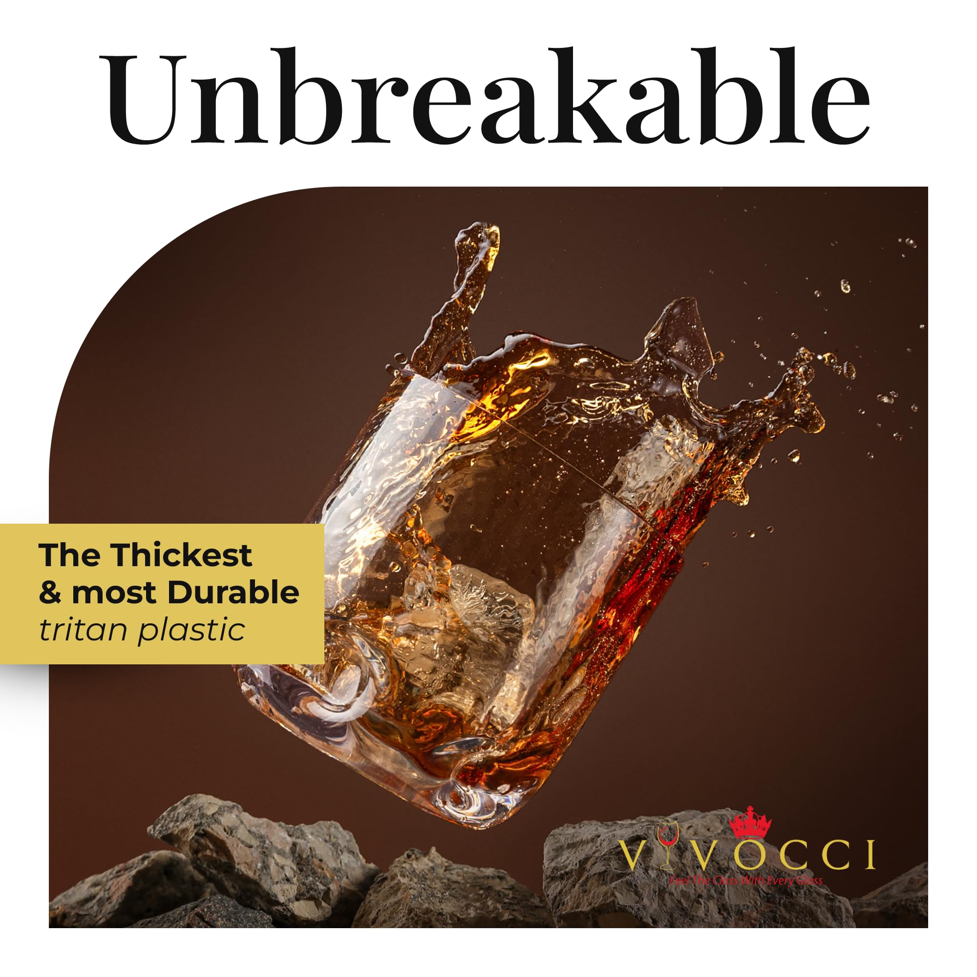 Vivocci Unbreakable Tritan Plastic 12.5 oz Whiskey & Double Old Fashioned Bar Glasses - Thumb Indent Heavy Base - Ideal for Bourbon & Scotch - Upscale Men's Gift - Dishwasher Safe Barware - Set of 4