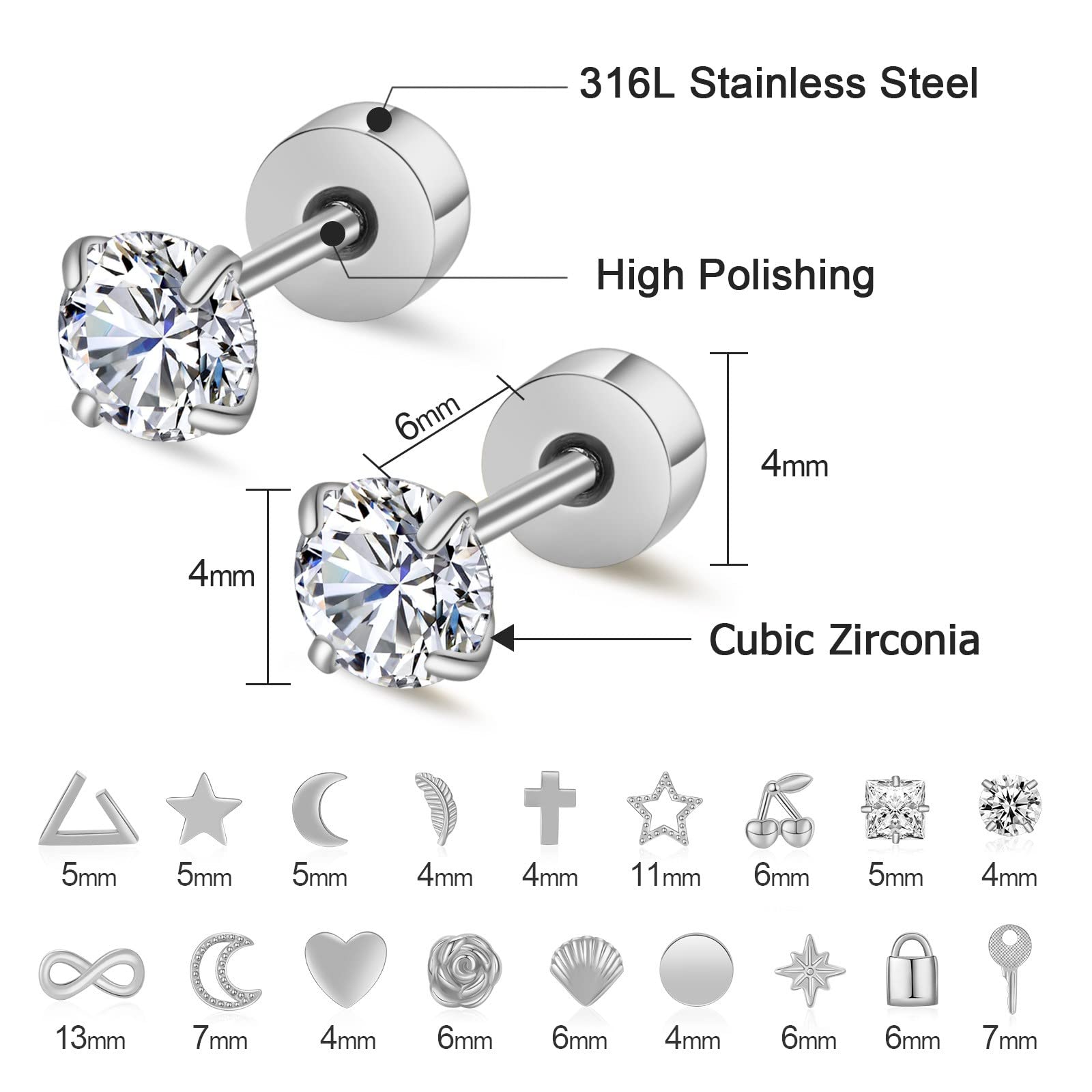 KANOUE 18 Pairs Stainless Steel Stud Earrings Set Moon Heart Cross CZ Tiny Cartilage Geometric Triangle Flat Back Hypoallergenic