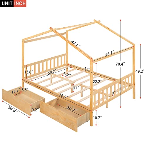RUNWON Full Size House Platform Bed with Two Drawers,Headboard and Footboard,Roof Design for Kids Adults Bedroom
