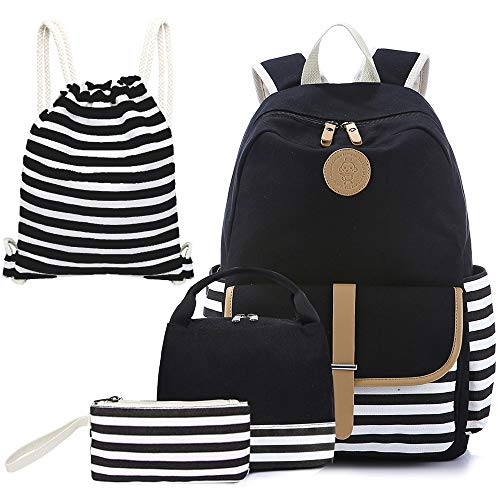 Sugaroom Backpack for Girls, 4 in 1 Girls Backpacks Set Lightweight Canvas School Bag Bookbags with Lunch Box, Drawstring Bag & Pencil Case for Teens