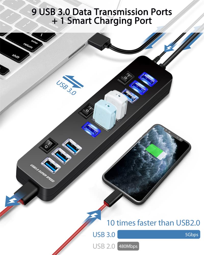 Powered USB 3.0 Hub, Adapter USB Extension, 9 Ports USB Data Hub Splitter with 1 Smart Charging Port and 3 ON/Off Switches, 5V/4A Power Adapter USB Extension for MacBook, Mac Pro/Mini etc