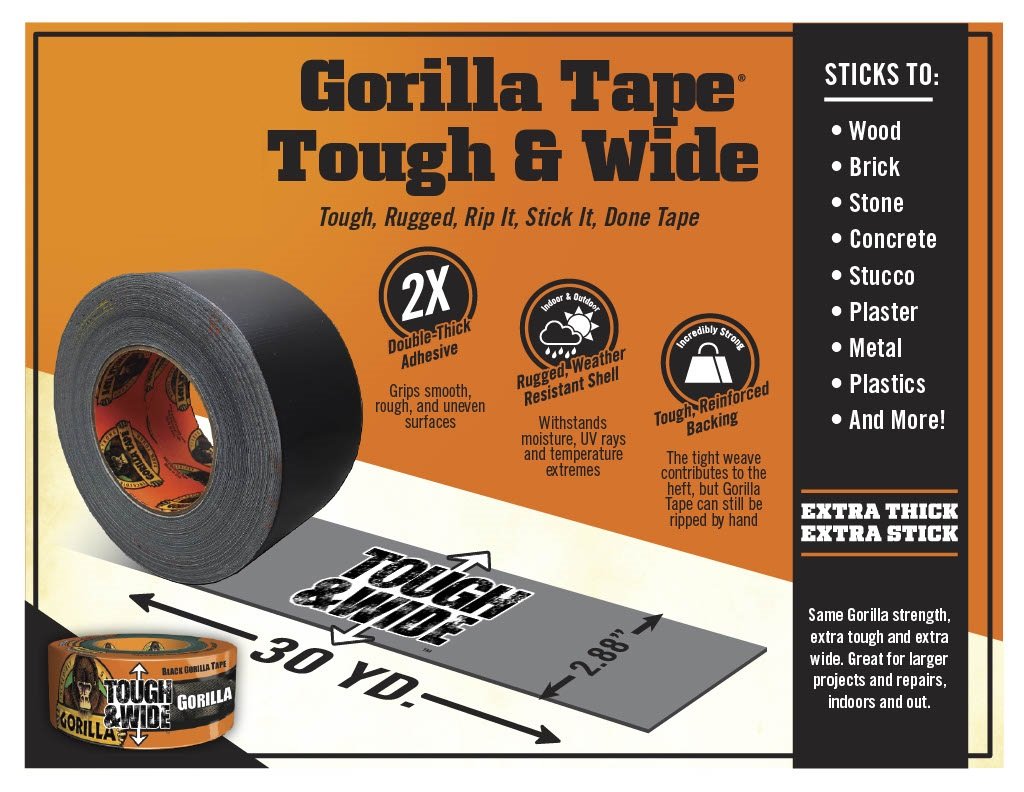 Gorilla Black Tough & Wide Duct Tape, 2.88" x 30 yd, Black, (Pack of 12)