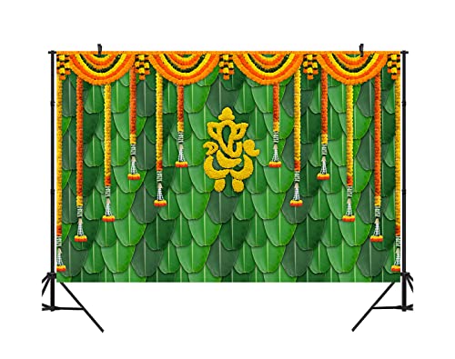 Ticuenicoa 9×6ft India Pooja Traditional Photography Backdrop Banana Leaf Green Chatiya Ganesh Background Marigold Puja Ganpati Wedding Photo Tapestry Booth Props