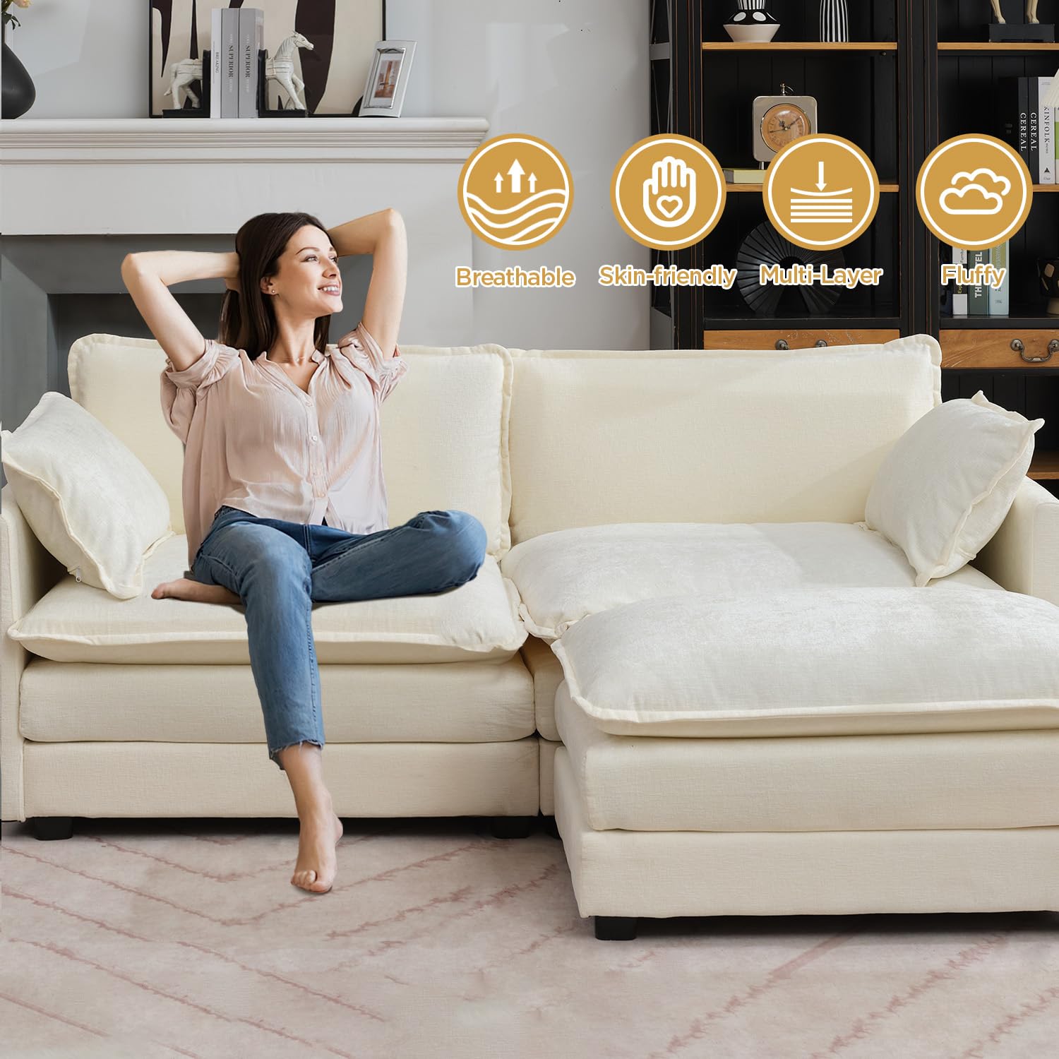 TPHORK Sectional Sofa Cloud Couch with Ottoman, Comfy Sofa Couch for Living Room with Chenille Upholstered (Black, 2-Seat)