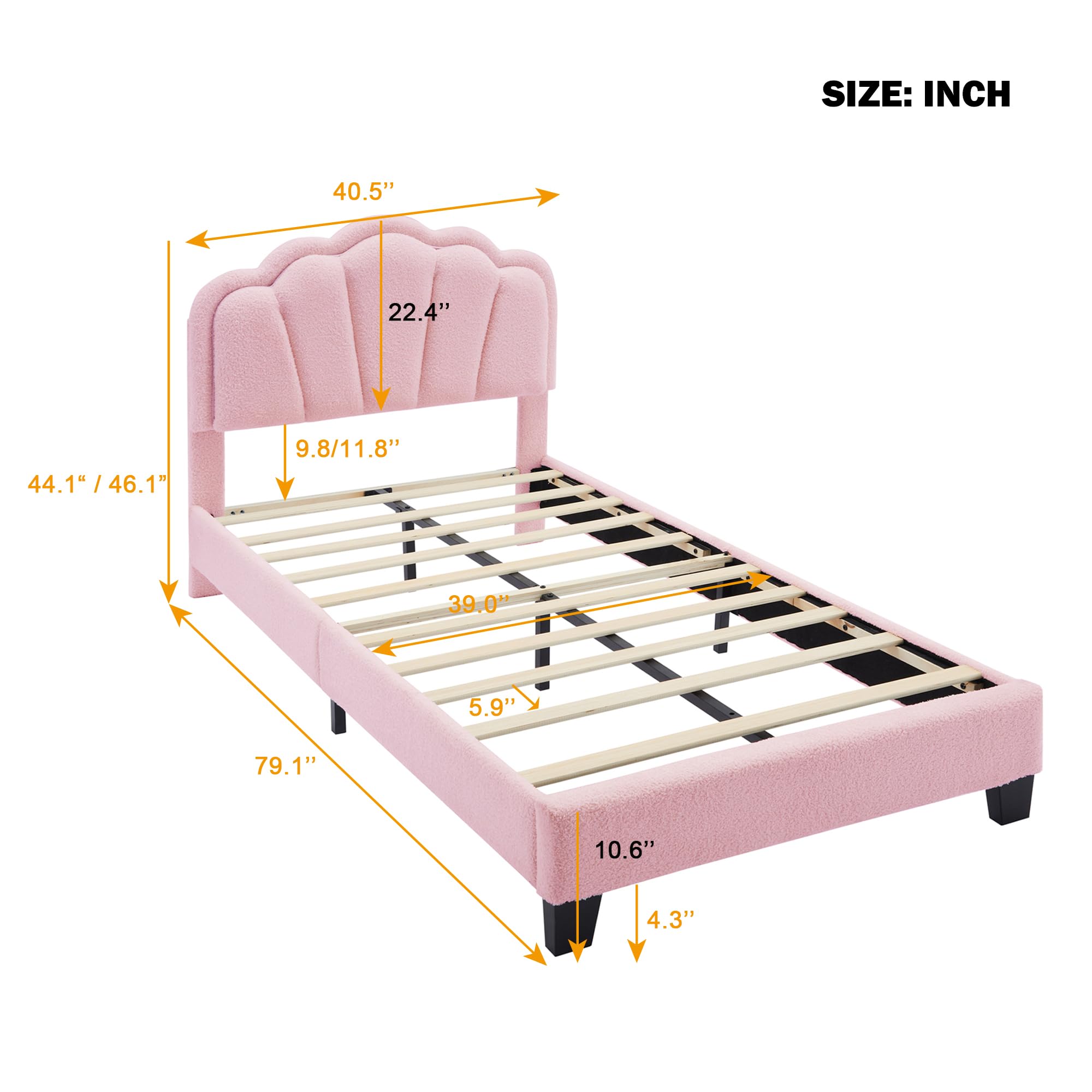 SOFTSEA Twin Upholstered Bed with LED Lights, Adjustable Headboard, Princess LED Bed Frame with Shell Headboard, Fleece Platform Bed for Kids Girls, Wood Slats Support, White